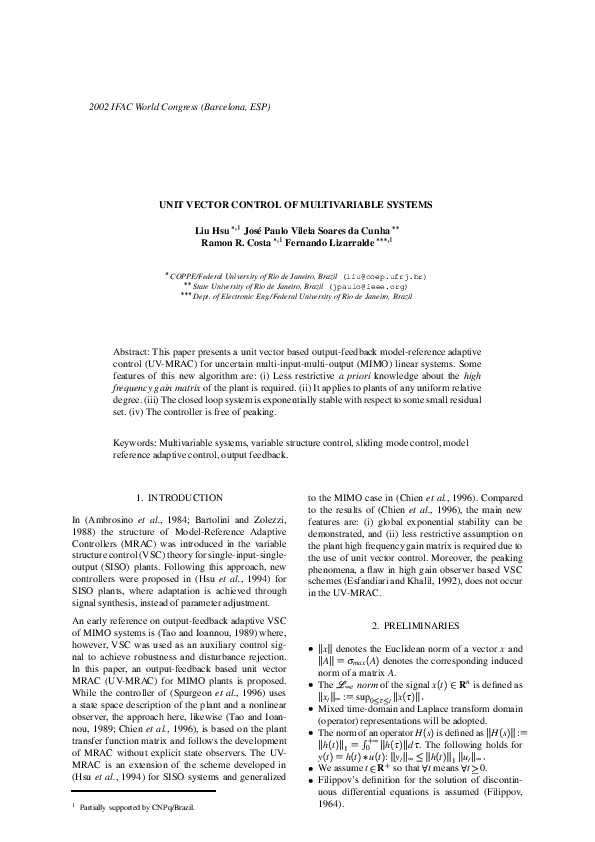 (PDF) Unit vector control of multivariable systems