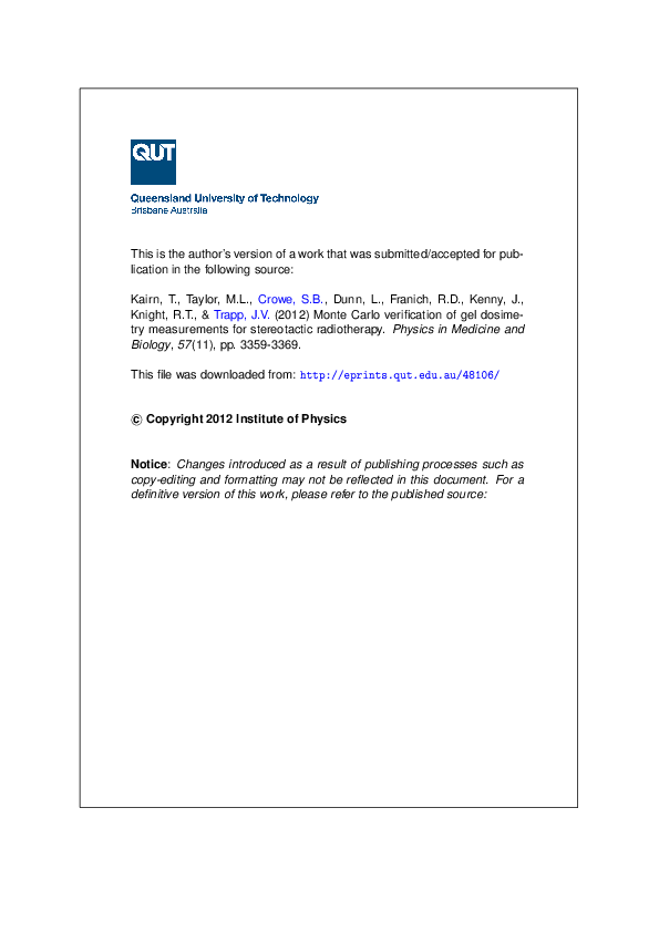 (PDF) Monte Carlo verification of gel dosimetry measurements for ...