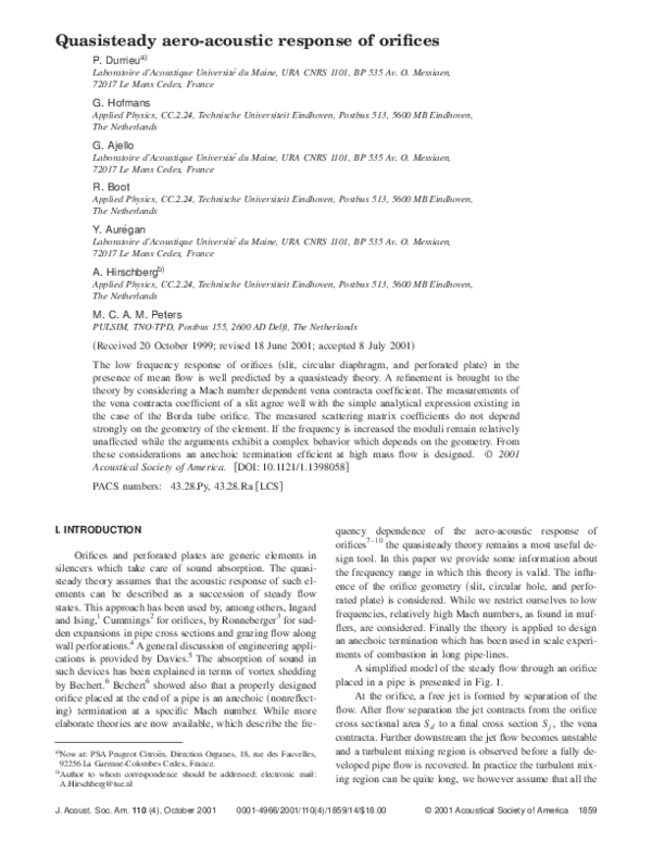 (PDF) Quasisteady aero-acoustic response of orifices