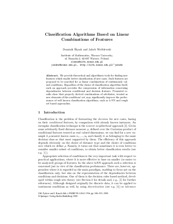 Pdf Classification Algorithms Based On Linear Combinations Of Features