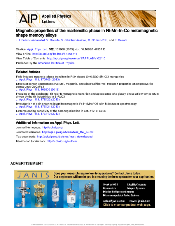 (PDF) Magnetic properties of the martensitic phase in Ni-Mn-In-Co metamagnetic shape memory alloys