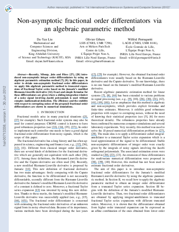 Pdf Non Asymptotic Fractional Order Differentiators Via An Algebraic Parametric Method