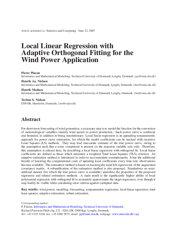 Pdf Local Linear Regression With Adaptive Orthogonal Fitting For The Wind Power Application