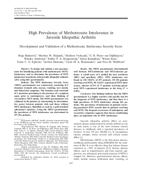 (PDF) High prevalence of methotrexate intolerance in juvenile ...