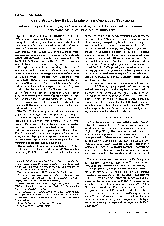 (PDF) Acute promyelocytic leukemia: from genetics to treatment