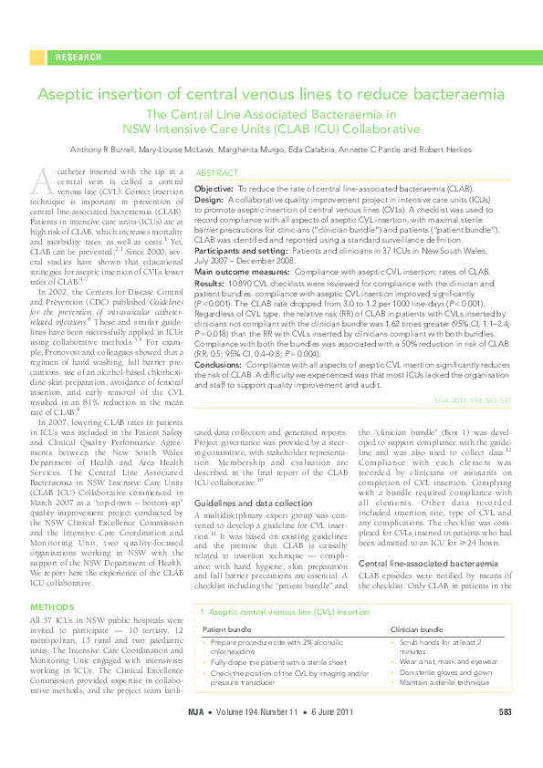 (PDF) Aseptic insertion of central venous lines to reduce bacteraemia