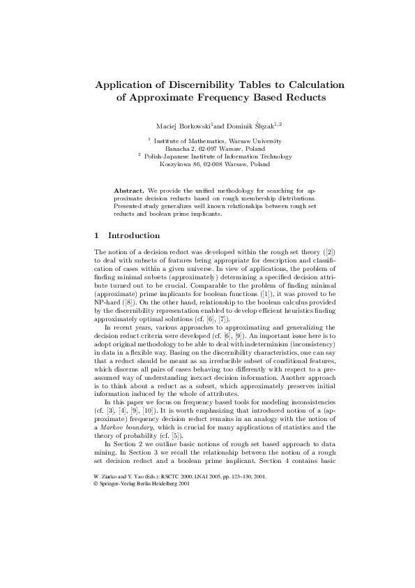 (PDF) Application of Discernibility Tables to Calculation of Approximate Frequency Based Reducts