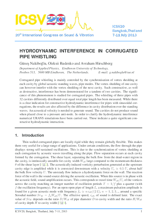 (PDF) Hydrodynamic interference in corrugated pipe whistling