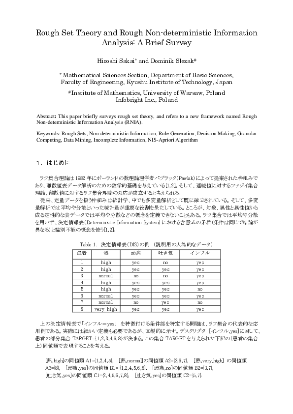 (PDF) Rough Set Theory and Rough Non-deterministic Information Analysis: A Brief Survey