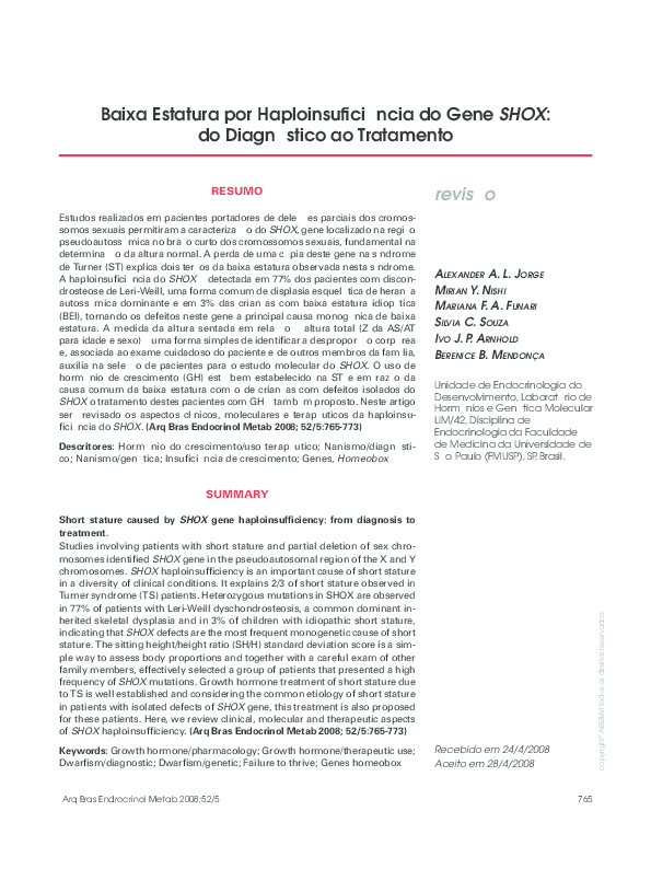 (PDF) Baixa estatura por haploinsuficiência do gene SHOX: do ...