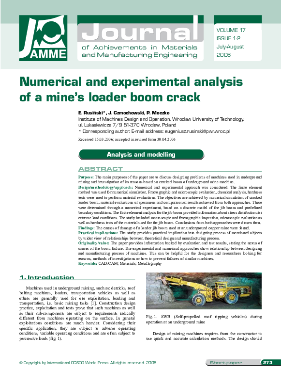 (PDF) Numerical and experimental analysis of a mine's loader boom crack
