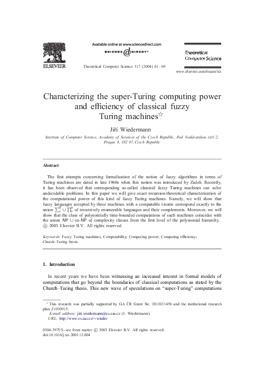 (PDF) Characterizing the super-Turing computing power and efficiency of classical fuzzy Turing ...