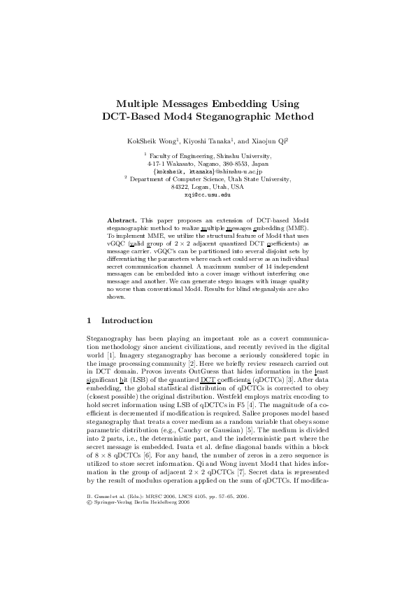 (PDF) Multiple Messages Embedding Using DCT-Based Mod4 Steganographic Method