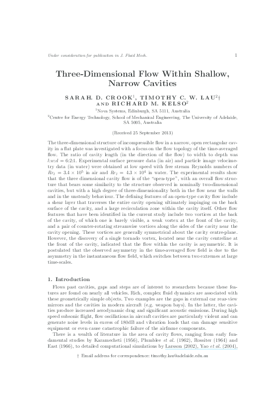 (PDF) Three-dimensional flow within shallow, narrow cavities