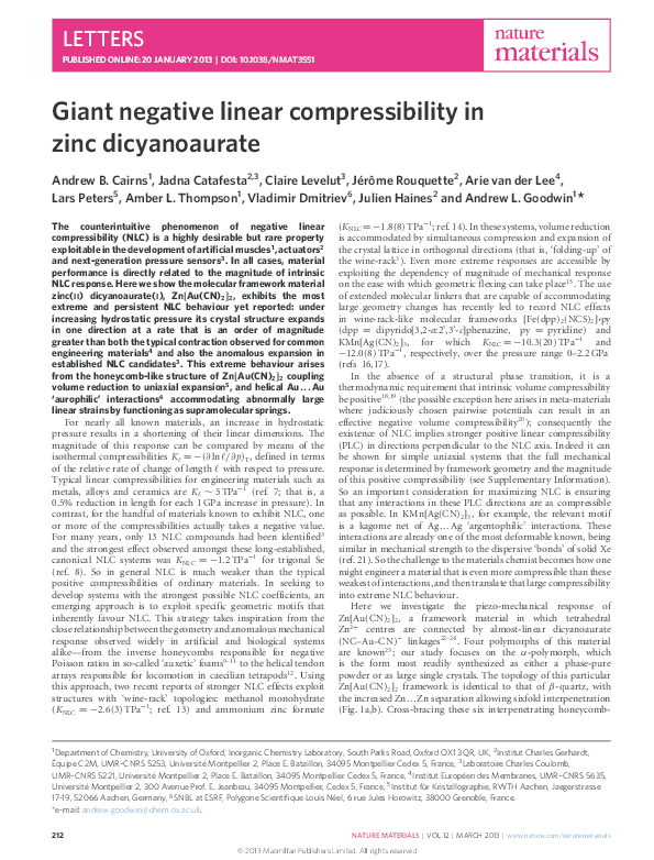 (PDF) Giant negative linear compressibility in zinc dicyanoaurate