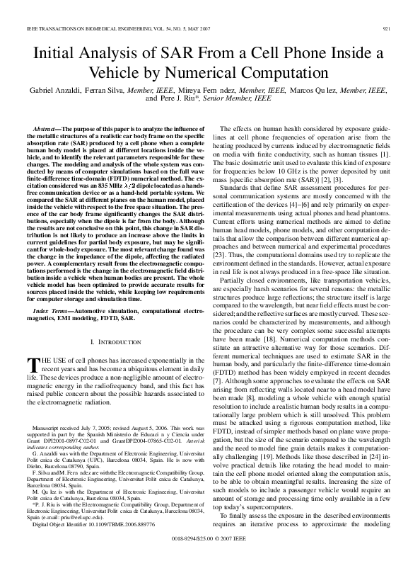 (PDF) Initial Analysis of SAR From a Cell Phone Inside a Vehicle by ...