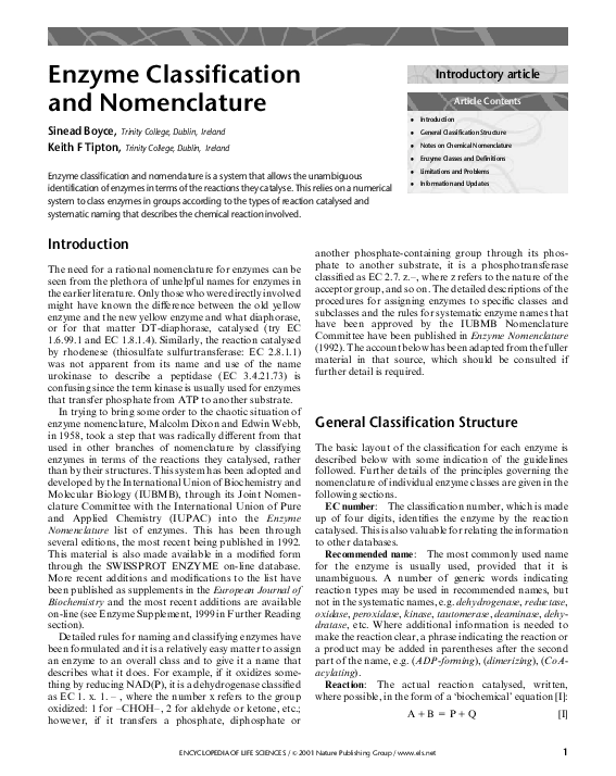 (PDF) Enzyme Classification and Nomenclature
