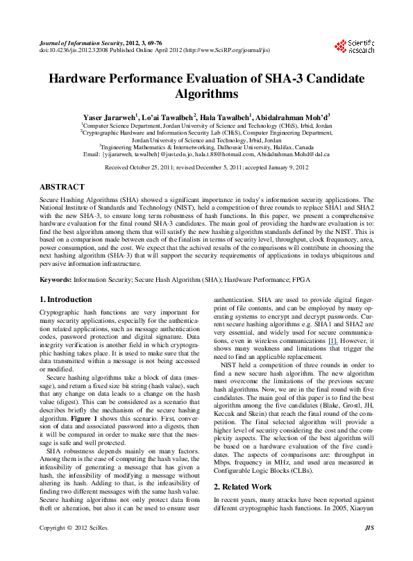 Pdf Hardware Performance Evaluation Of Sha 3 Candidate Algorithms
