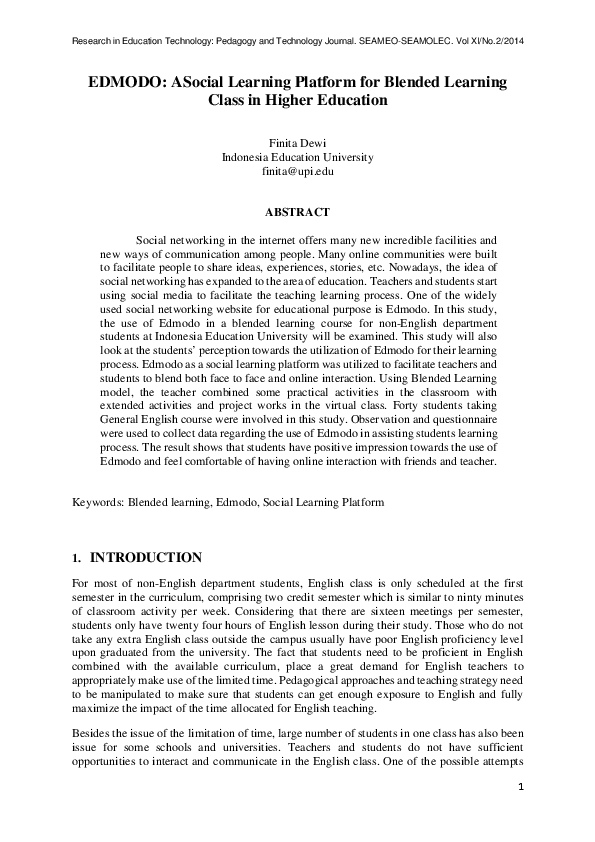 (PDF) EDMODO: ASocial Learning Platform for Blended Learning Class in Higher Education