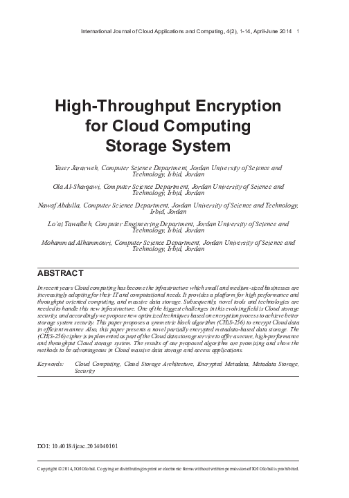 Pdf High Throughput Encryption For Cloud Computing Storage System Yaser Jararweh And Loai
