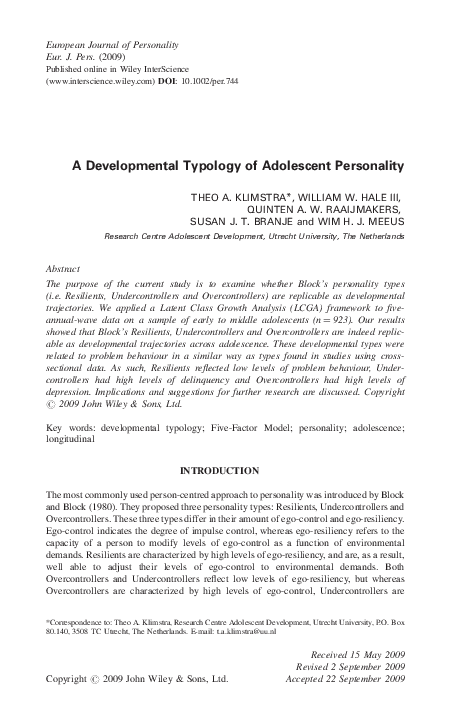 (PDF) A developmental typology of adolescent personality