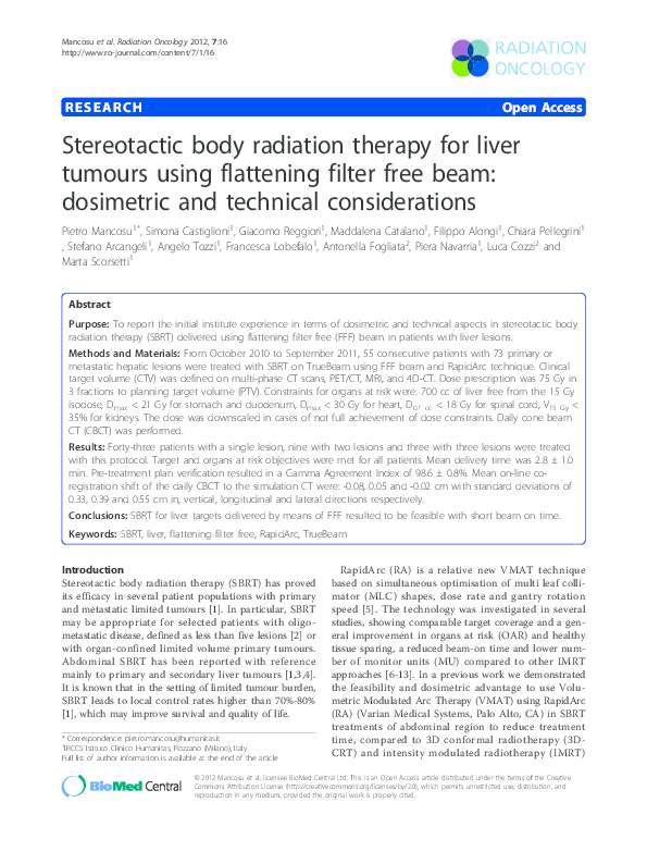 (PDF) Stereotactic body radiation therapy for liver tumours using flattening filter free beam ...