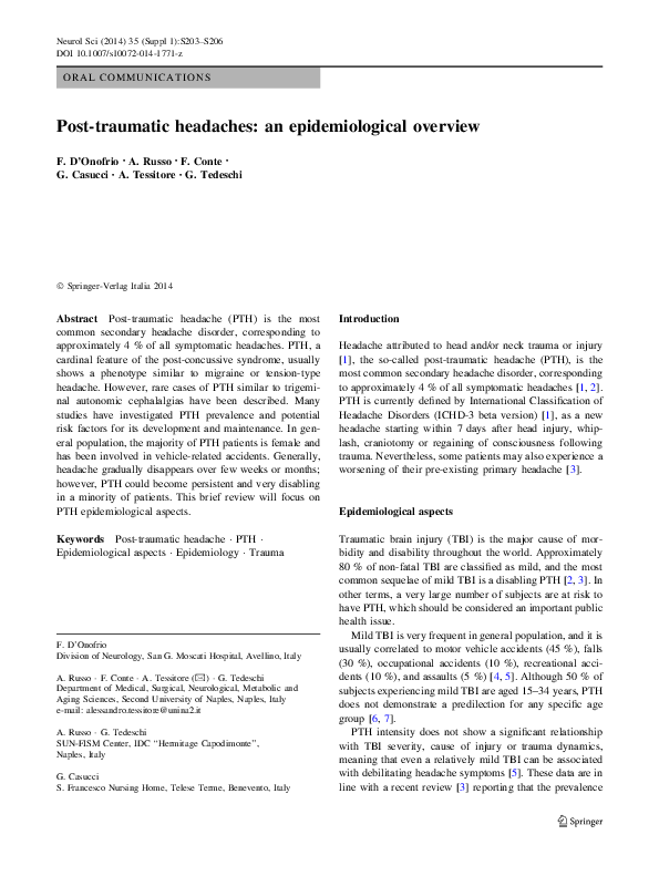 (PDF) Post-traumatic headaches: an epidemiological overview