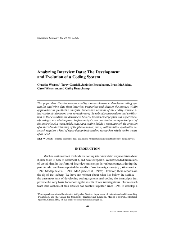 Pdf Analyzing Interview Data The Development And Evolution Of A Coding System