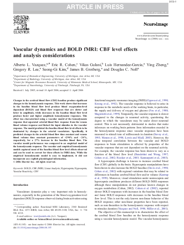 (PDF) Vascular dynamics and BOLD fMRI: CBF level effects and analysis ...