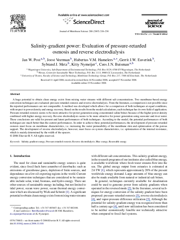 (PDF) Salinity-gradient power: Evaluation of pressure-retarded osmosis and reverse electrodialysis