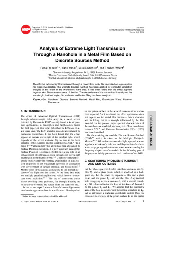 (PDF) Analysis of Extreme Light Transmission Through a Nanohole in a Metal Film Based on ...