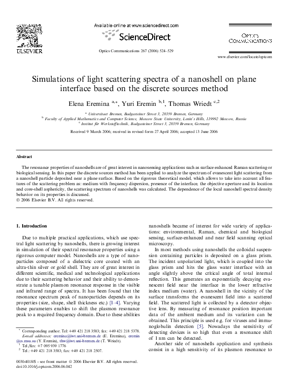(PDF) Simulations of light scattering spectra of a nanoshell on plane interface based on the ...