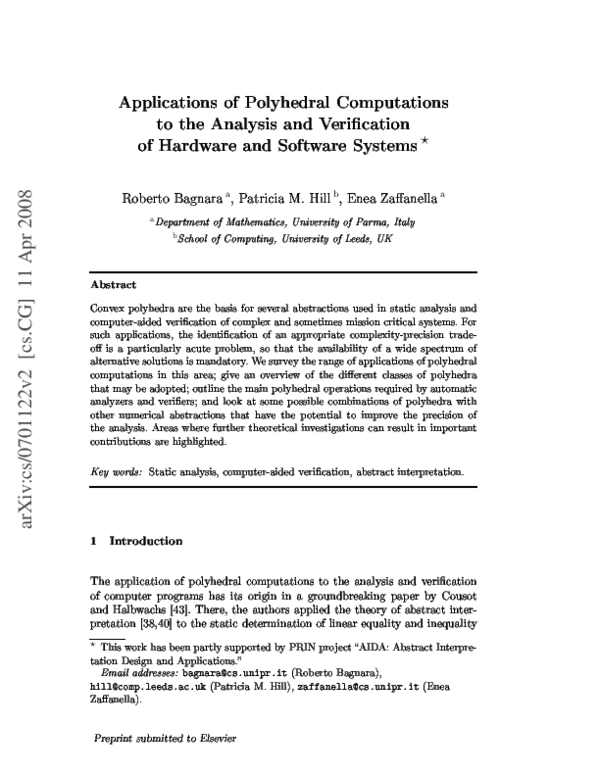 Pdf Applications Of Polyhedral Computations To The Analysis And Verification Of Hardware And