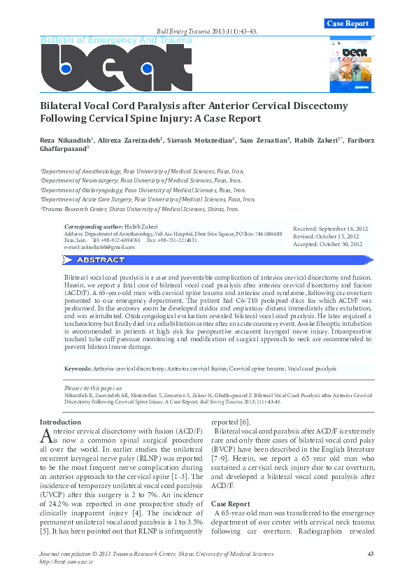 (PDF) Bilateral vocal cord paralysis after anterior cervical ...