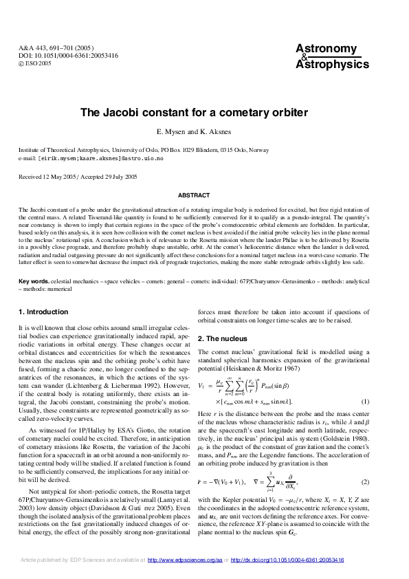 (PDF) The Jacobi constant for a cometary orbiter