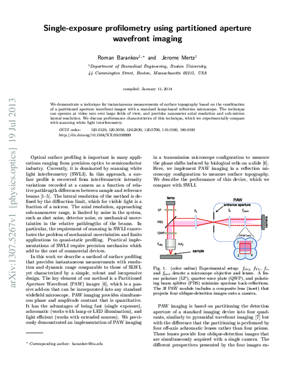(PDF) Single-exposure surface profilometry using partitioned aperture wavefront imaging