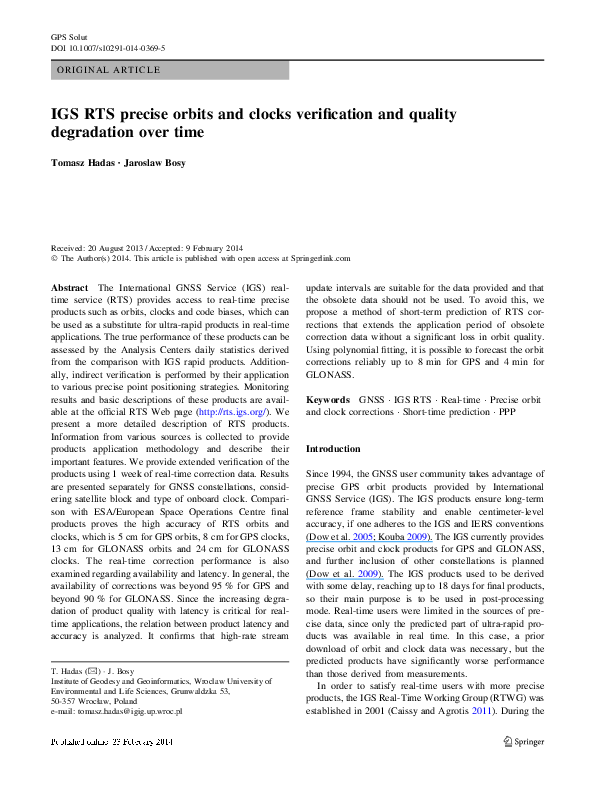 Pdf Igs Rts Precise Orbits And Clocks Verification And Quality