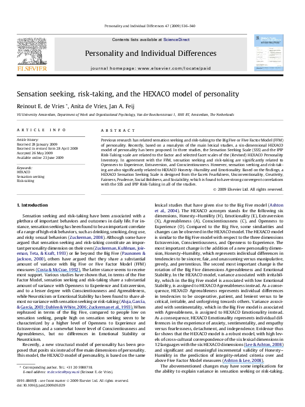 (PDF) Sensation seeking, risk-taking, and the HEXACO model of personality