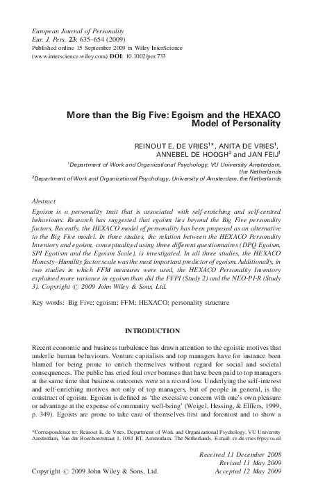 (PDF) More than the Big Five: Egoism and the HEXACO model of personality