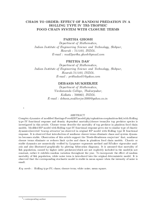 Pdf Chaos To Order Effect Of Random Predation In A Holling Type Iv
