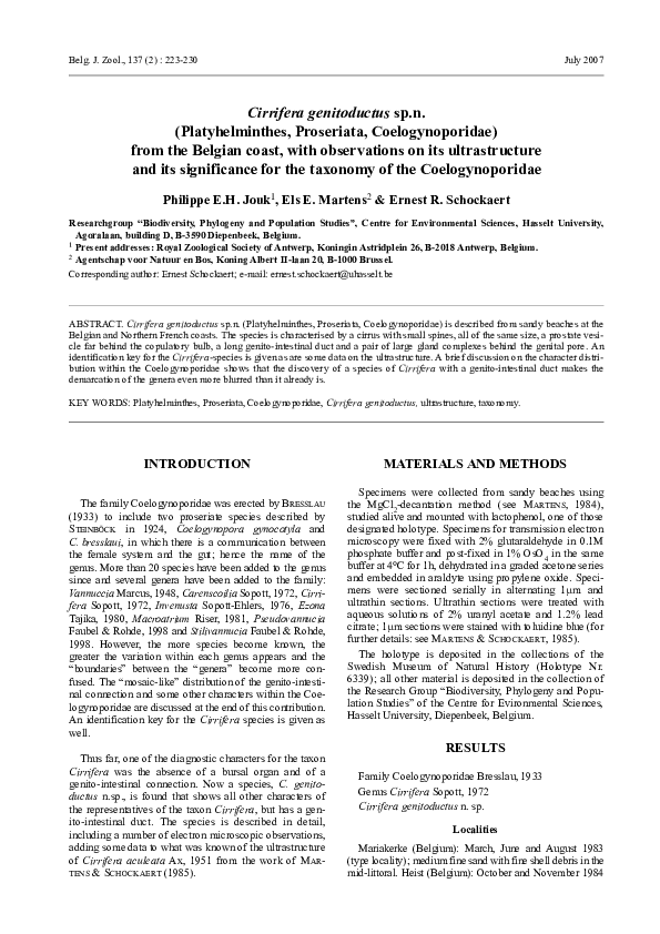 (PDF) Cirrifera genitoductus sp.n. (Platyhelminthes, Proseriata ...
