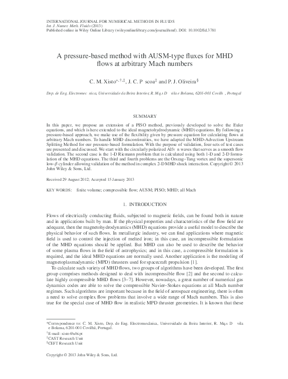 (PDF) A pressure-based method with AUSM-type fluxes for MHD flows at arbitrary Mach numbers