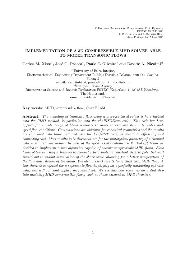 (PDF) Implementation of a 3D compressible MHD solver able to model transonic flows