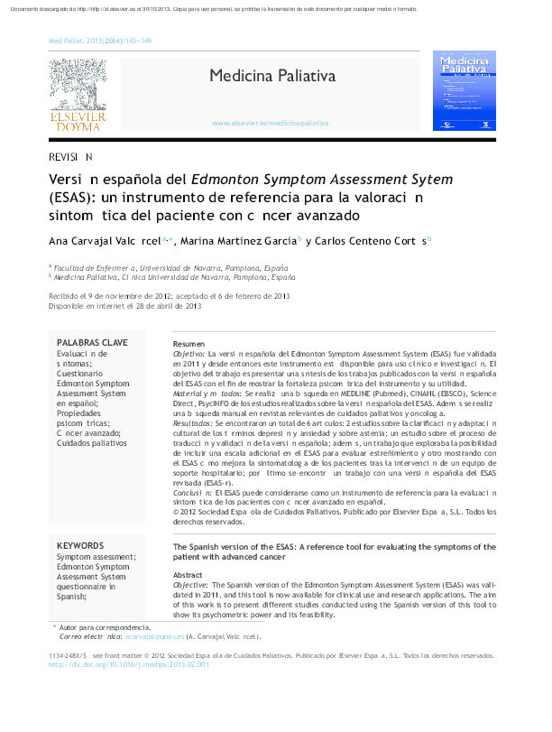 (PDF) Versión española del Edmonton Symptom Assessment Sytem (ESAS): un ...