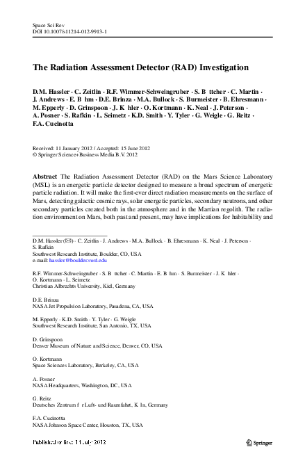 (PDF) The Radiation Assessment Detector (RAD) Investigation