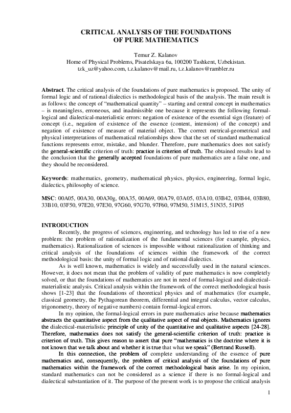 (PDF) CRITICAL ANALYSIS OF THE FOUNDATIONS OF PURE MATHEMATICS