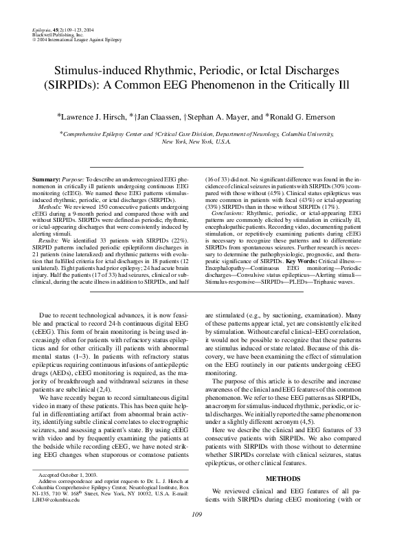 (PDF) Stimulus-induced Rhythmic, Periodic, or Ictal Discharges (SIRPIDs): A Common EEG ...