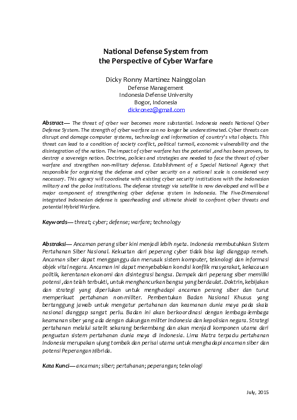 (PDF) National Defense System from the Perspective of Cyber Warfare