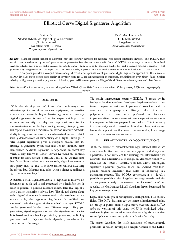 (PDF) Elliptical Curve Digital Signatures Algorithm