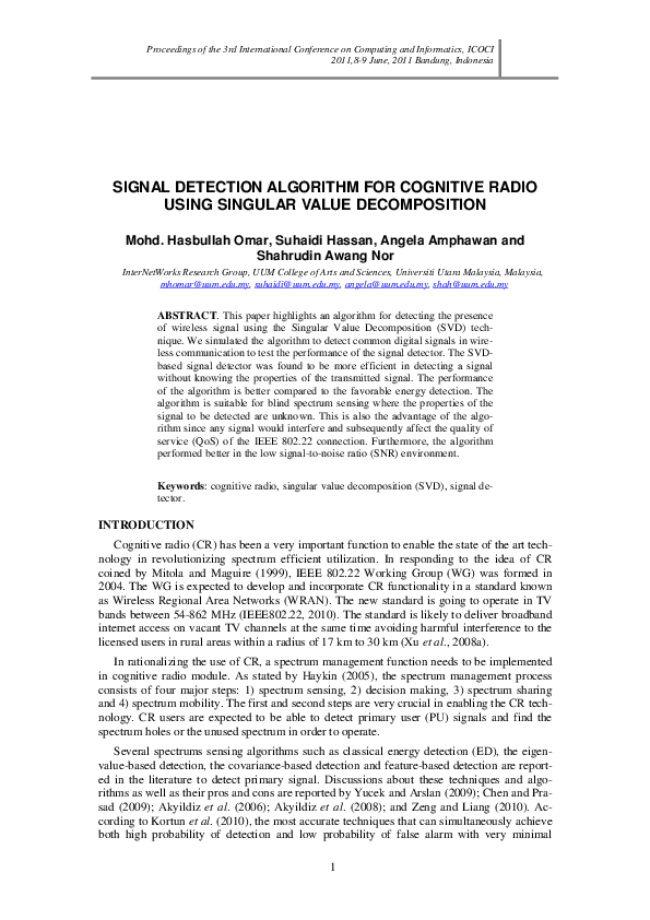 (PDF) Signal detection algorithm for cognitive radio using singular